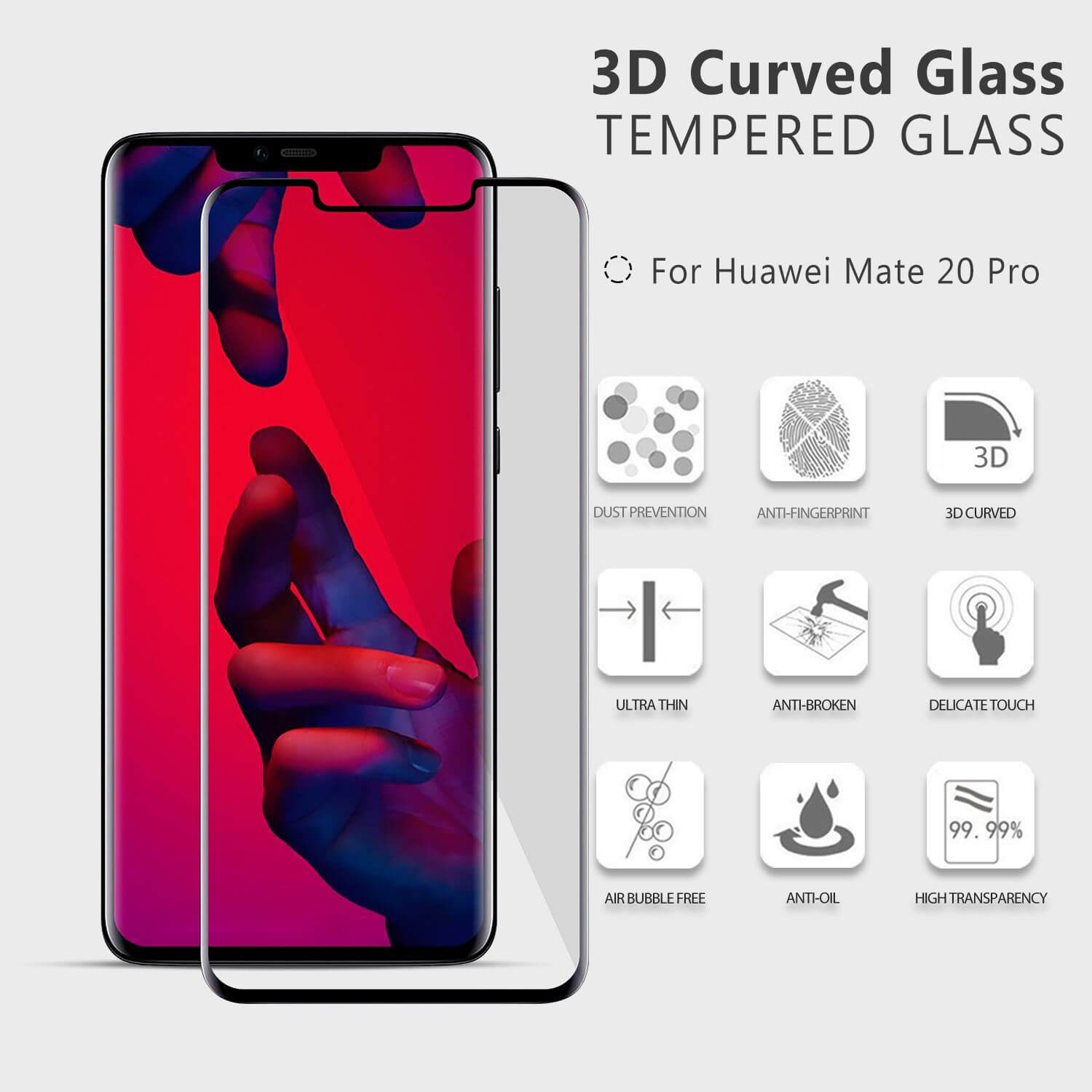 SDTEK 3D Full Glass Screen Protector for Huawei Mate 20 Pro Black